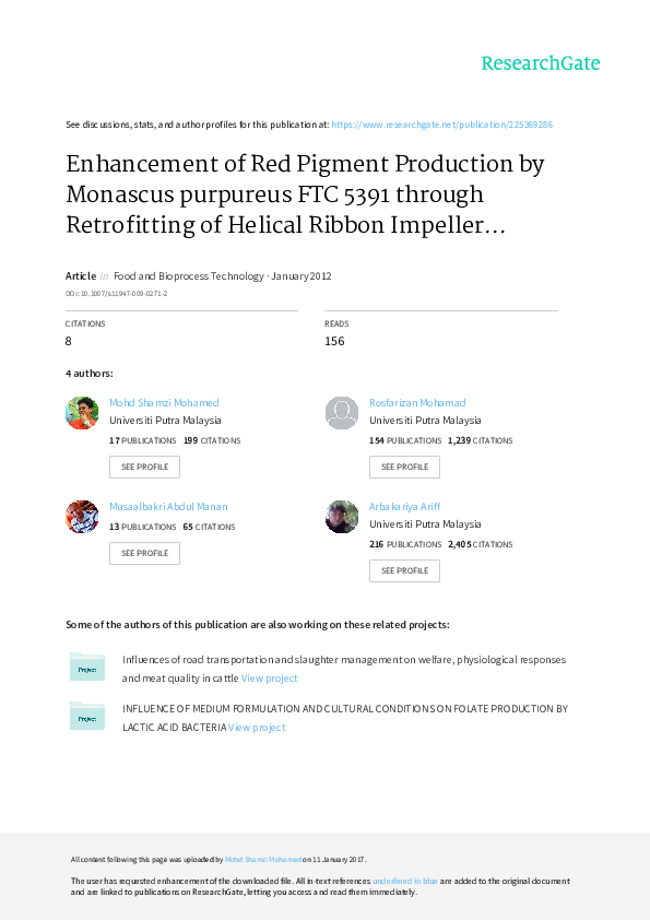 (PDF) Enhancement of Red Pigment Production by Monascus purpureus FTC 5391 through Retrofitting ...