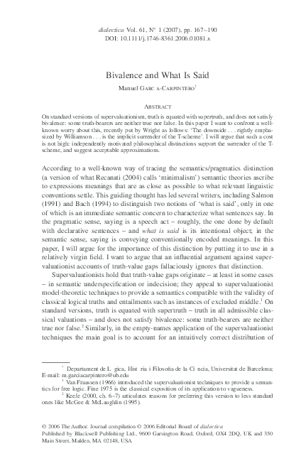 (PDF) Bivalence and what is said