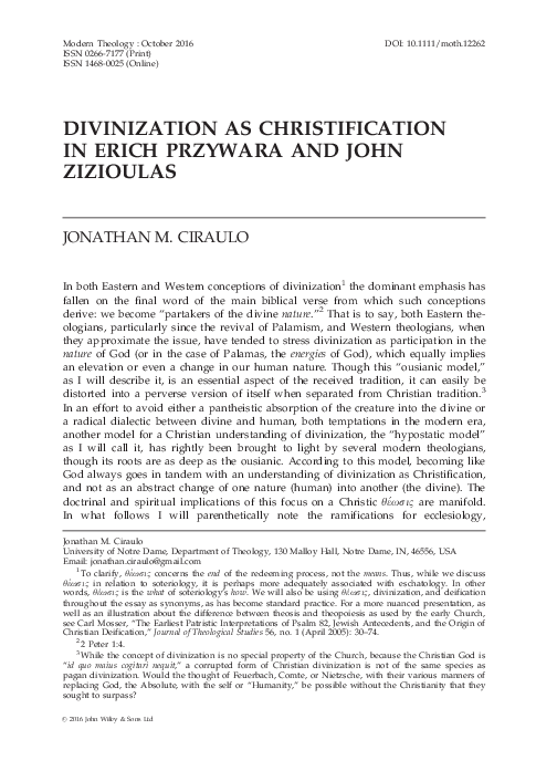 (PDF) “Divinization as Christification in Erich Przywara and John ...