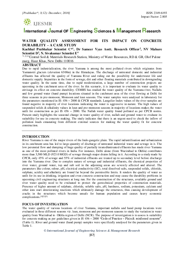 (PDF) WATER QUALITY ASSESSMENT FOR ITS IMPACT ON CONCRETE DURABILITY ...
