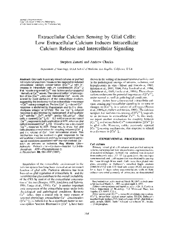 (PDF) Extracellular calcium sensing by glial cells: low extracellular ...