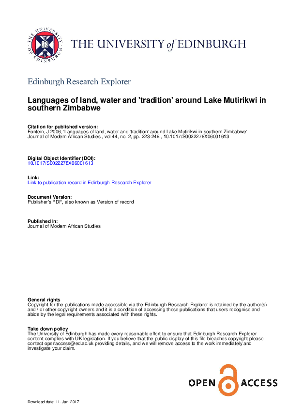 (PDF) Languages of land, water and 'tradition'around Lake Mutirikwi in ...