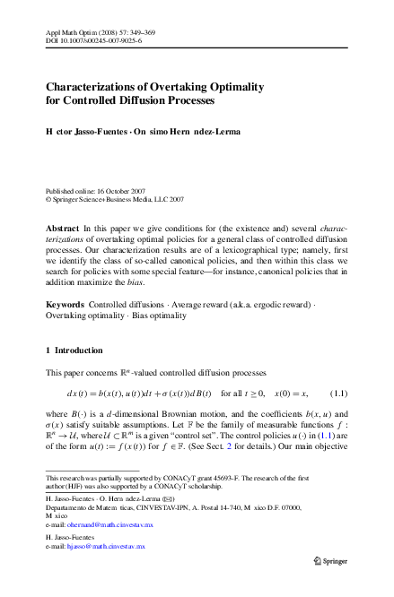 (PDF) Characterizations of Overtaking Optimality for Controlled Diffusion Processes