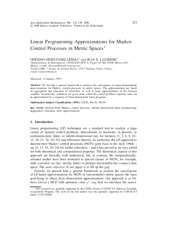 Pdf Linear Programming Approximations For Markov Control Processes In Metric Spaces Onesimo