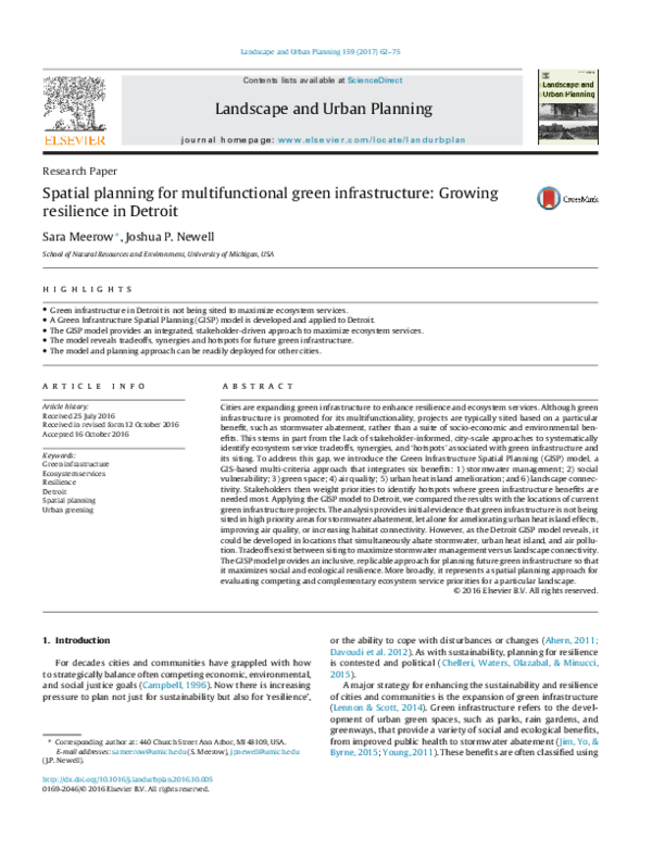 (PDF) Spatial planning for multifunctional green infrastructure: Growing resilience in Detroit