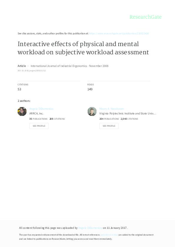 (PDF) Interactive effects of physical and mental workload on subjective ...