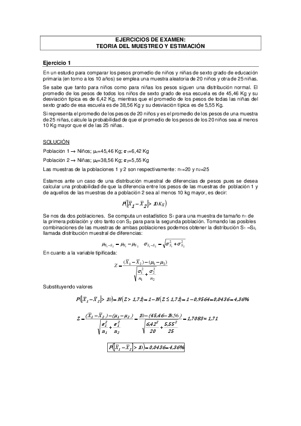 (PDF) EJERCICIOS DE EXAMEN: TEORIA DEL MUESTREO Y ESTIMACIÓN Ejercicio 1