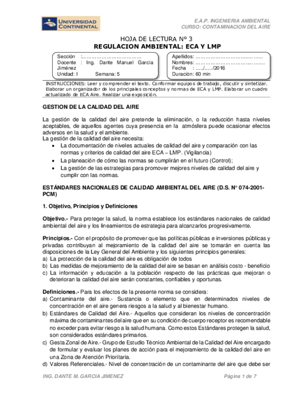 (PDF) E.A.P. INGENIERIA AMBIENTAL CURSO: CONTAMINACION DEL AIRE HOJA DE ...