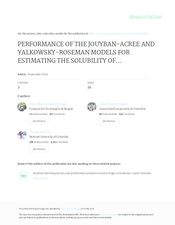 Pdf Performance Of The Jouyban Acree And Yalkowsky Roseman Models For Estimating The