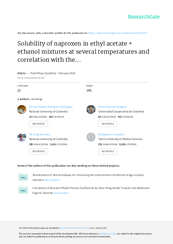 Pdf Solubility Of Naproxen In Ethyl Acetate Ethanol Mixtures At Several Temperatures And
