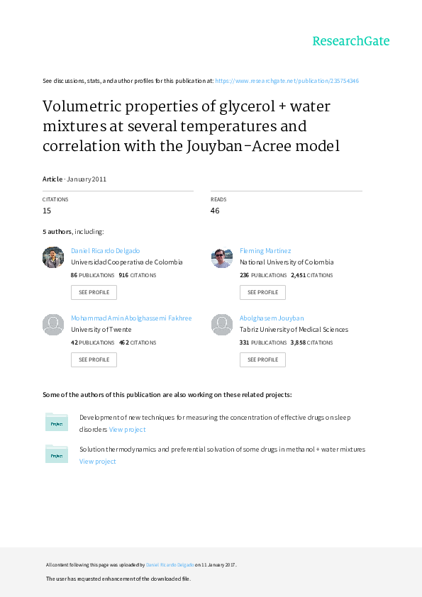 Pdf Volumetric Properties Of Glycerol Water Mixtures At Several Temperatures And Correlation