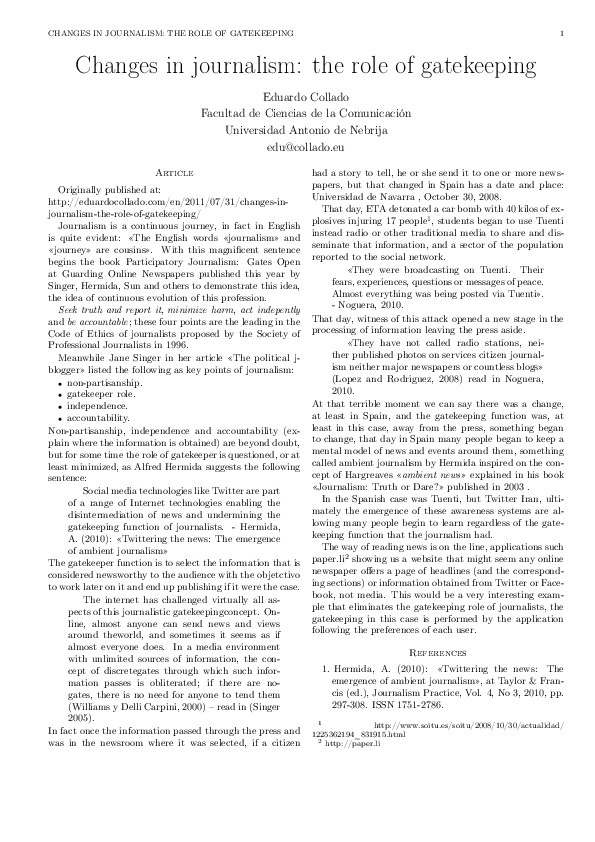 (PDF) Changes in journalism the role of gatekeeping