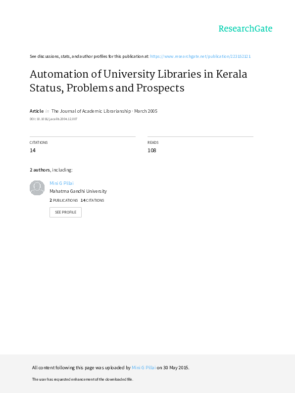 (PDF) Automation of University Libraries in Kerala Status, Problems and ...