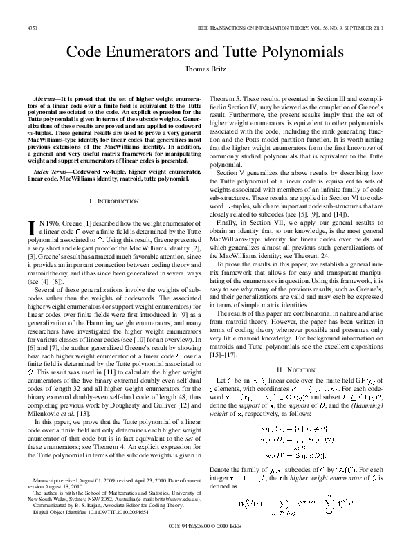 (PDF) Code enumerators and tutte polynomials