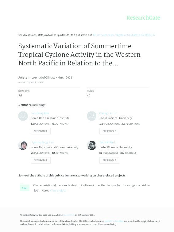(PDF) Systematic variation of summertime tropical cyclone activity in ...