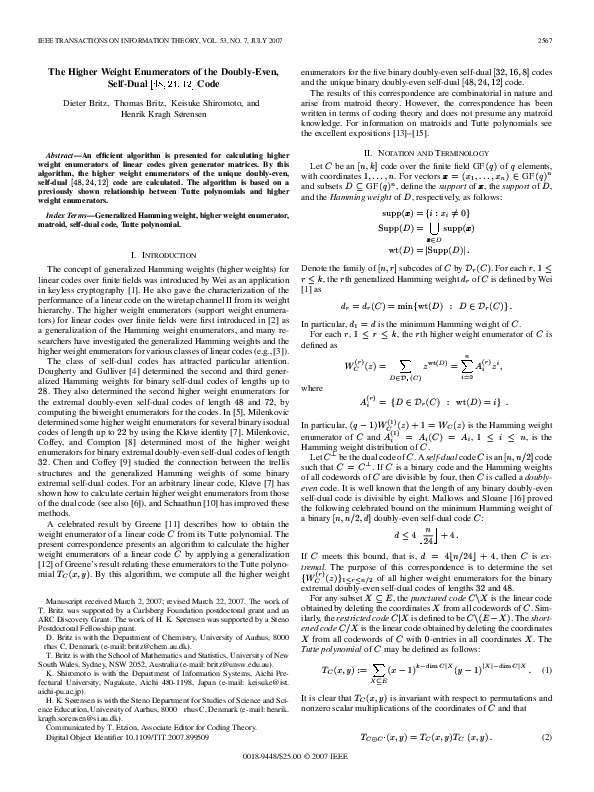 (PDF) The Higher Weight Enumerators of the Doubly-Even, Self-Dual [48, 24, 12] Code