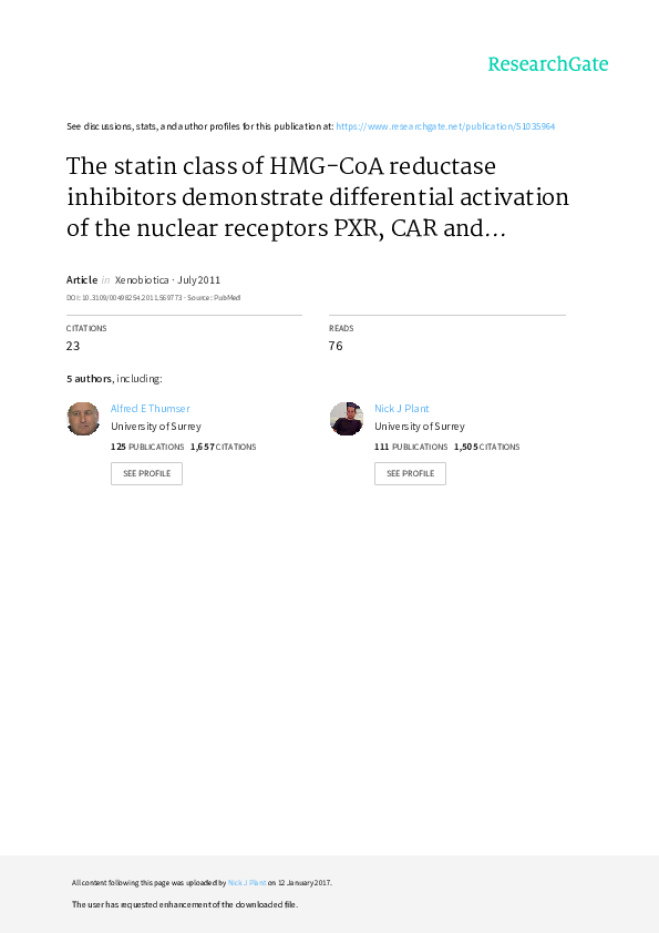 (PDF) The statin class of HMG-CoA reductase inhibitors demonstrate ...