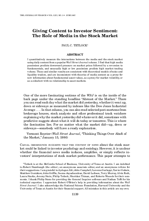 (PDF) Giving Content to Investor Sentiment: The Role of Media in the ... (PDF) Giving Content to Investor Sentiment: The Role of Media in the ...