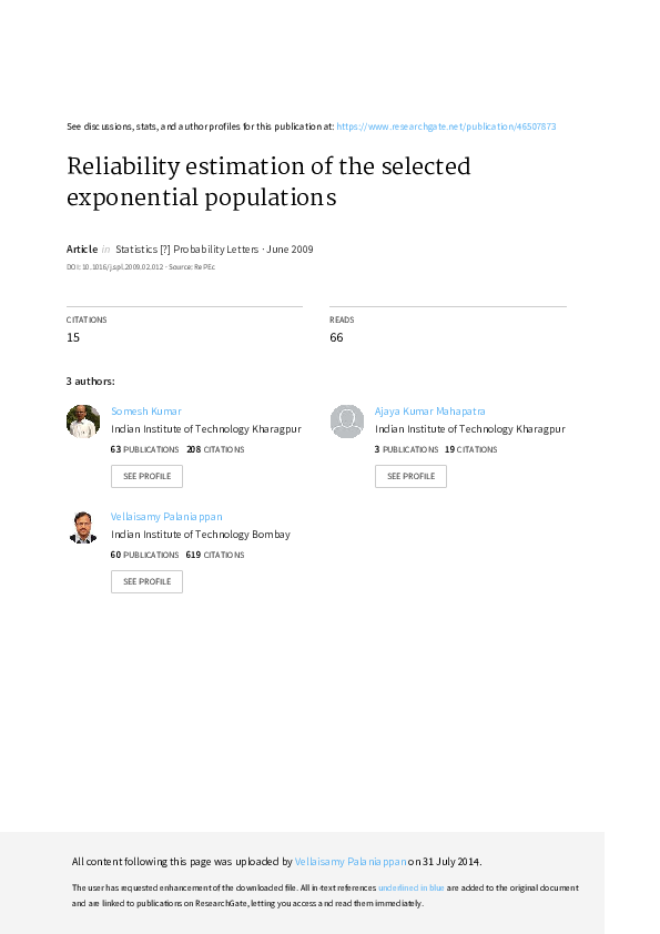 (PDF) Reliability estimation of the selected exponential populations