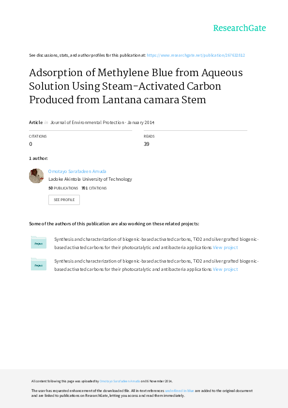 (PDF) Adsorption of methylene blue from aqueous solution by jackfruit (Artocarpus heteropyllus ...