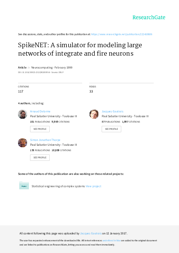 (PDF) SpikeNET: A simulator for modeling large networks of integrate and fire neurons