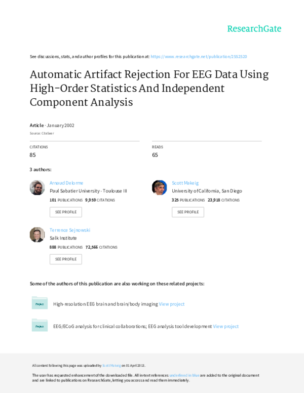 (PDF) Automatic Artifact Rejection For EEG Data Using High-Order Statistics And Independent ...
