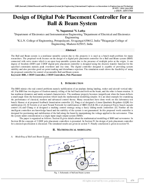(PDF) Design of Digital Pole Placement Controller for a Ball & Beam System