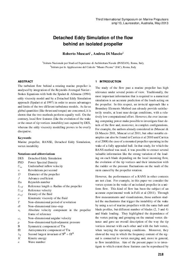 (PDF) Detached Eddy Simulation of the flow behind an isolated propeller