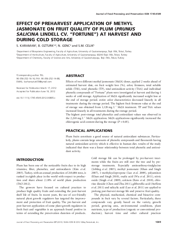 (PDF) Effect of Preharvest Aplication of Methyl Jasmonate on Fruit Quality of Plum (Prunus ...