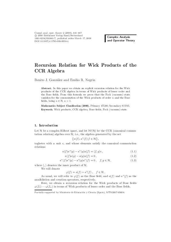 (PDF) Recursion Relation for Wick Products of the CCR Algebra