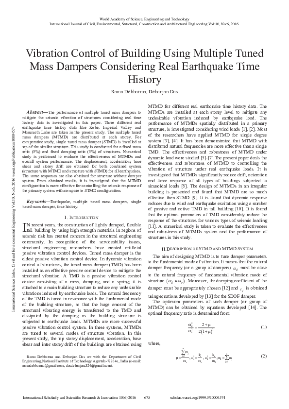 (PDF) Vibration Control of Building Using Multiple Tuned Mass Dampers Considering Real ...