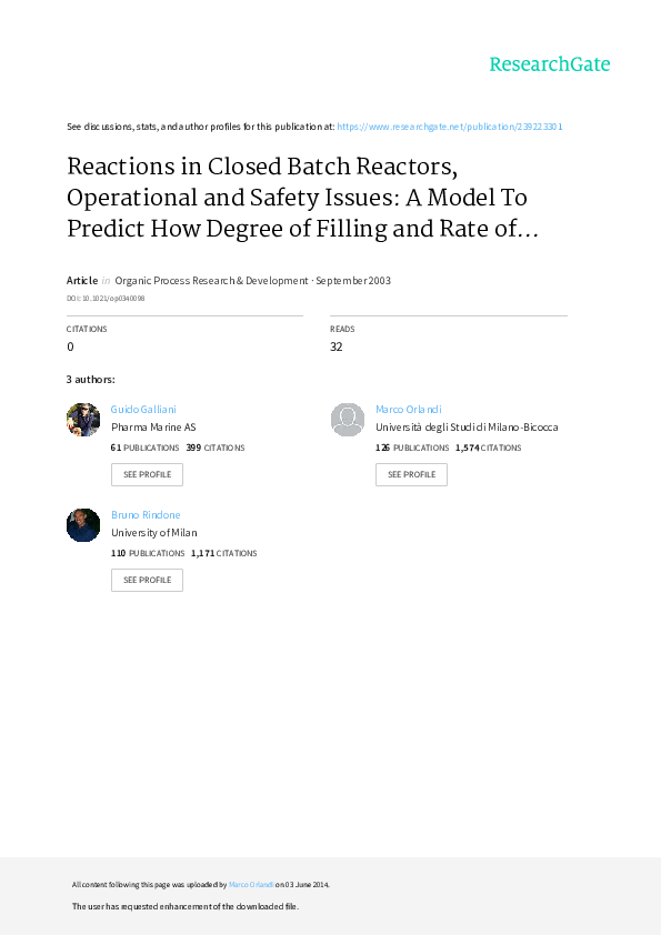 (PDF) Reactions in closed batch reactors, operational and safety issues: A model to predict how ...