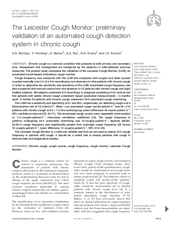 (PDF) The Leicester Cough Monitor: preliminary validation of an automated cough detection system ...