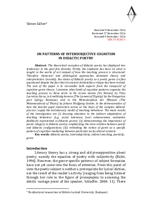 (PDF) ON PATTERNS OF INTERSUBJECTIVE COGNITION IN DIDACTIC POETRY