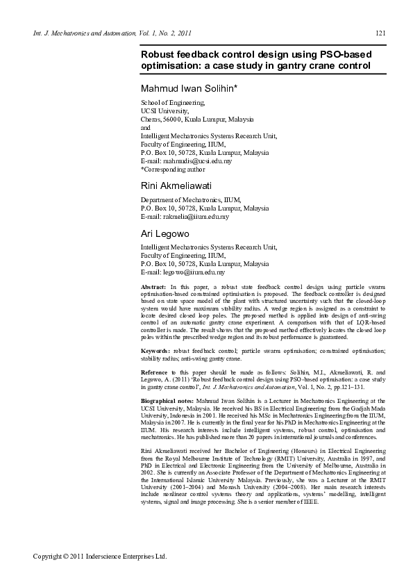 (PDF) Robust feedback control design using PSO-based optimisation: a case study in gantry crane ...