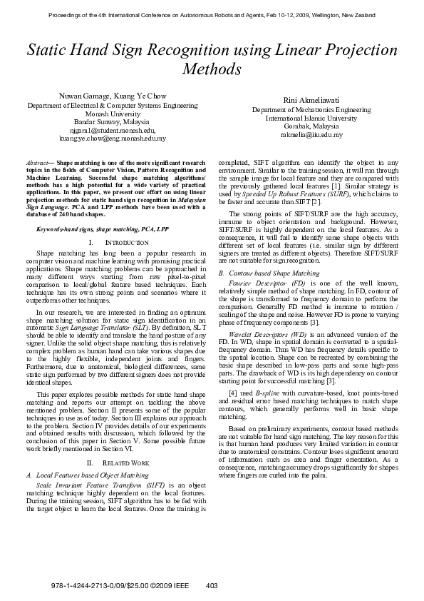 (PDF) Static hand sign recognition using linear projection methods