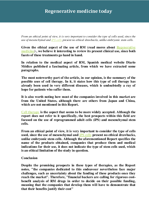 (PDF) Regenerative medicine. Present clinical use today an ethical approach