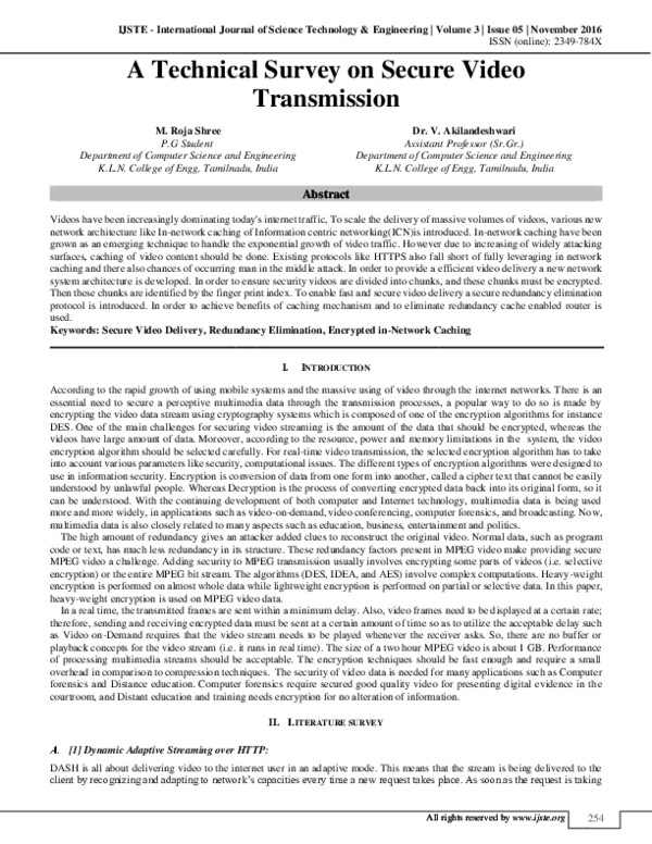 (PDF) A Technical Survey on Secure Video Transmission