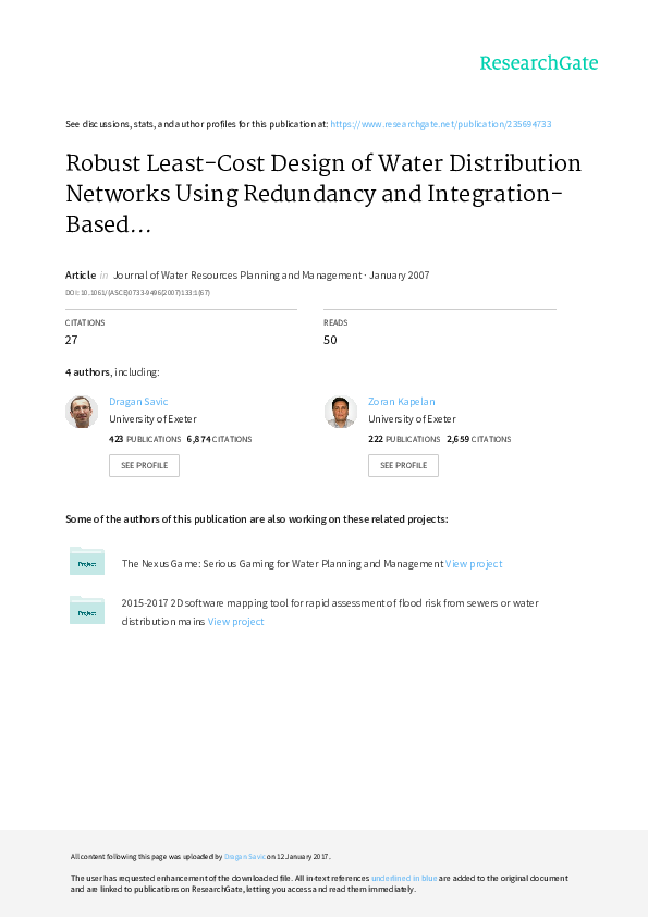 (PDF) Robust least-cost design of water distribution networks using ...