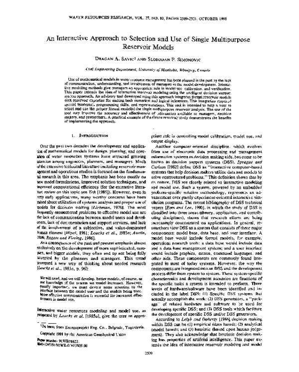 Pdf An Interactive Approach To Selection And Use Of Single Multipurpose Reservoir Models