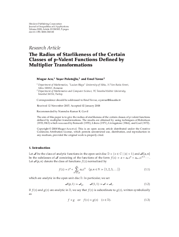 Pdf The Radius Of Starlikeness Of The Certain Classes Of Valent Functions Defined By