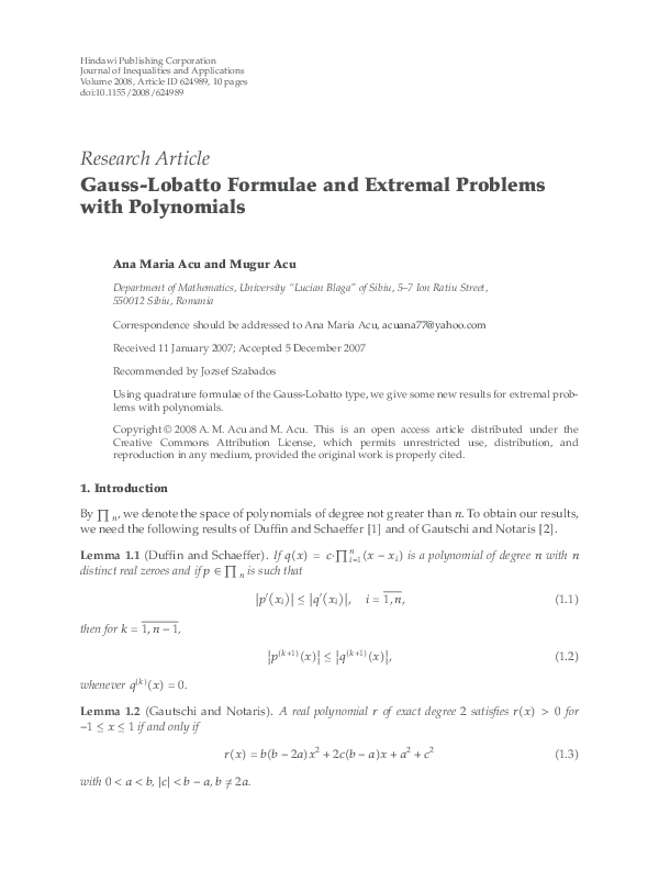 (PDF) Gauss-Lobatto Formulae and Extremal Problems with Polynomials