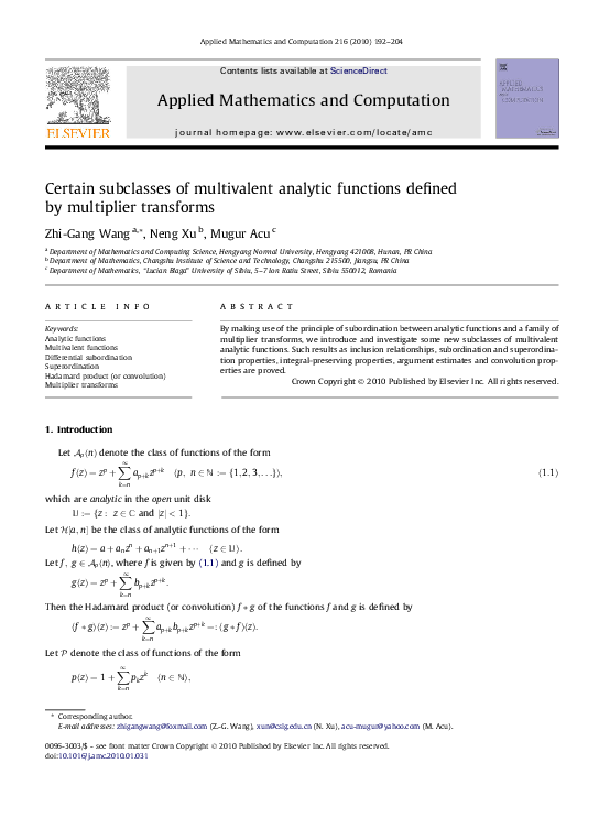 Pdf Certain Subclasses Of Multivalent Analytic Functions Defined By Multiplier Transforms