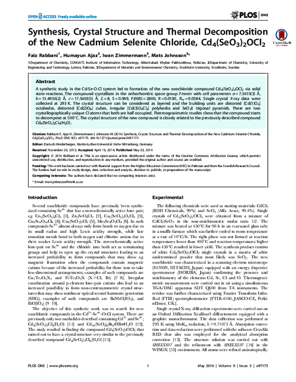 (PDF) Synthesis, crystal structure and thermal decomposition of the new cadmium selenite ...