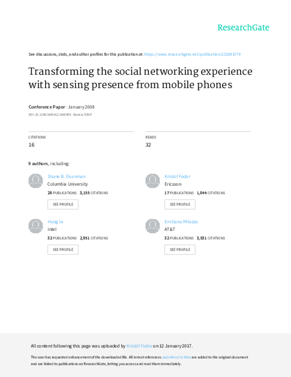 (PDF) Transforming the social networking experience with sensing ...