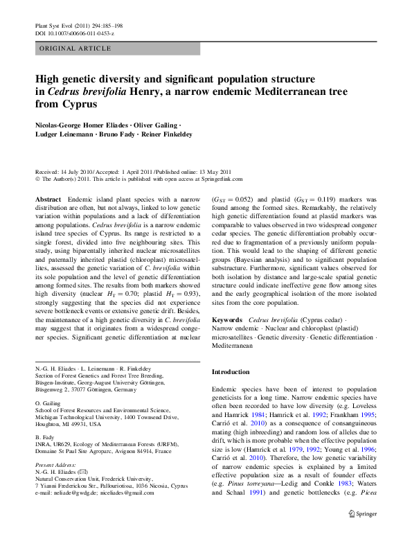 (PDF) High genetic diversity and significant population structure in Cedrus brevifolia Henry, a ...