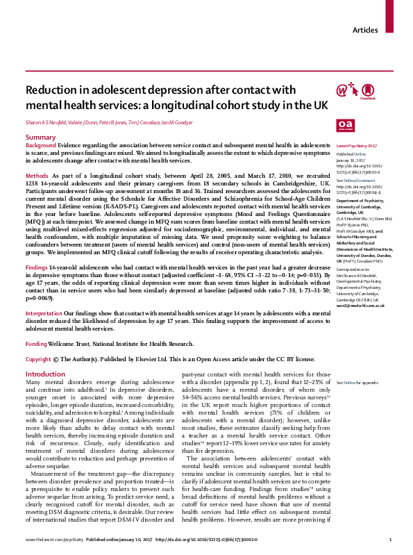 (PDF) Reduction in adolescent depression after contact with mental ...