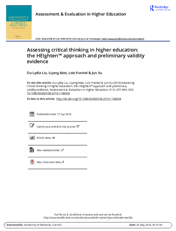 (PDF) Assessment & Evaluation in Higher Education Assessing critical thinking in higher ...