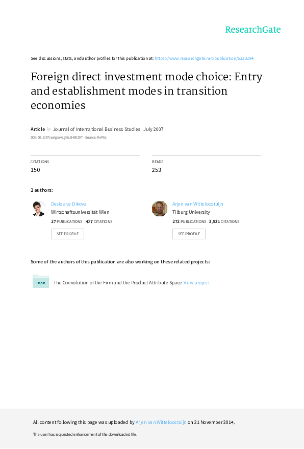 (PDF) Foreign direct investment mode choice: entry and establishment ...