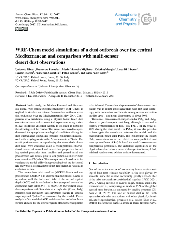 (PDF) WRF-Chem model simulations of a dust outbreak over the central Mediterranean and ...